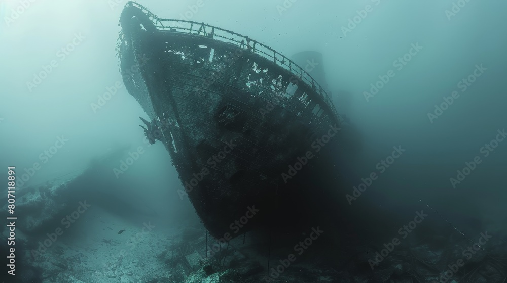Dramatic close-up of a sunken ship's bow, peering through the ...