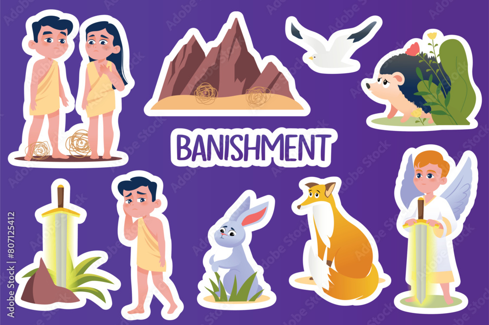 Set of stickers Banishment in flat cartoon design. This charming and ...