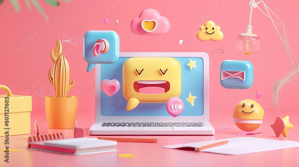 3D speech bubble with a notebook for online platforms. Social media ...