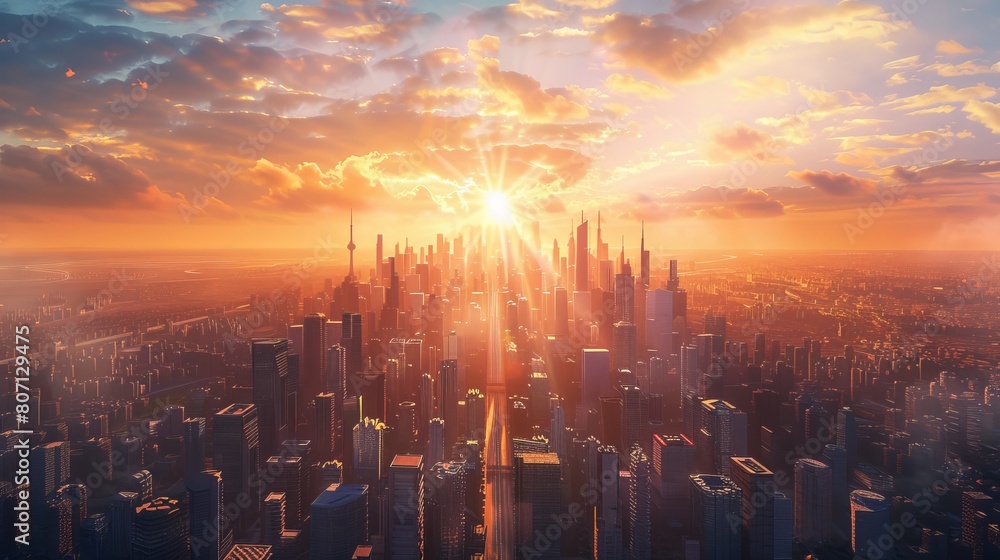 Rendering of a future mega city complex bathed in the warm light of ...