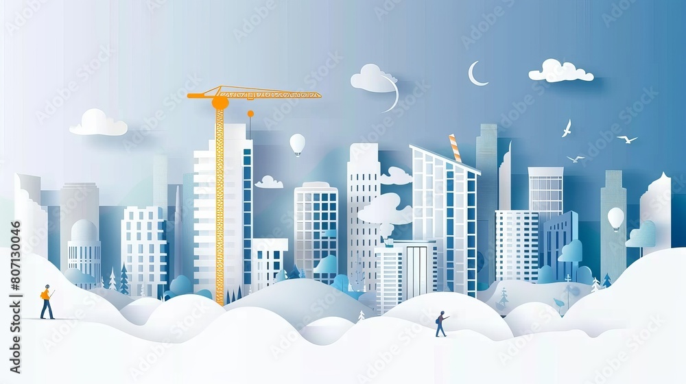 Urban development depicted in a papercut vector illustration, featuring ...