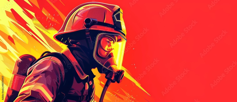 Portrait of a firefighter with Glow HUD big icon of fire and safety ...