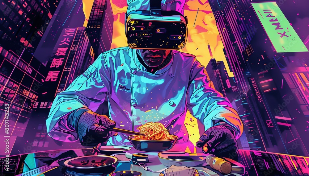 Illustrate a chef wearing a VR headset while creating a dish from above ...