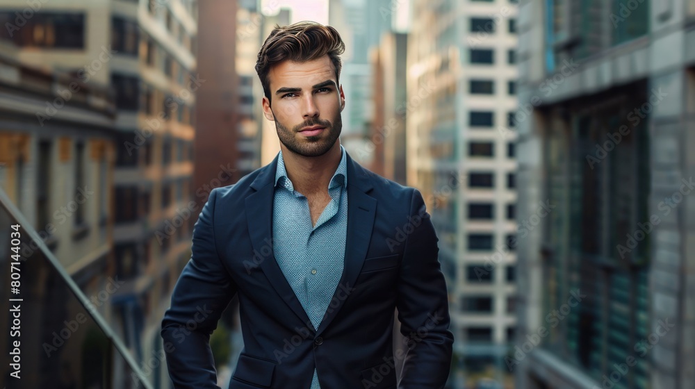 Pose model Handsome man in an office suit with a tall building ...