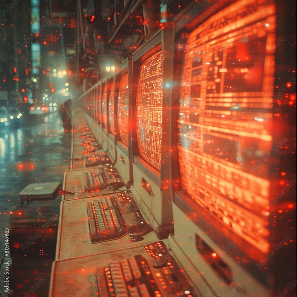 1990s nighttime outdoor science fiction movie still of a long row of ...