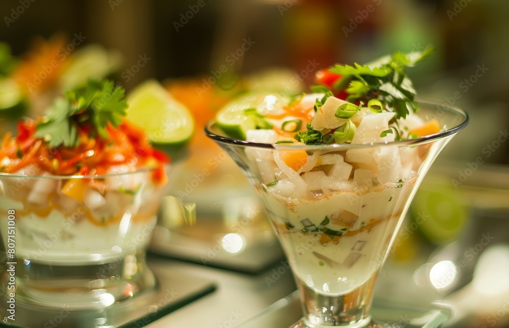 Peruvian dishes Leche de tigre and chicharron fresh fish served on ...