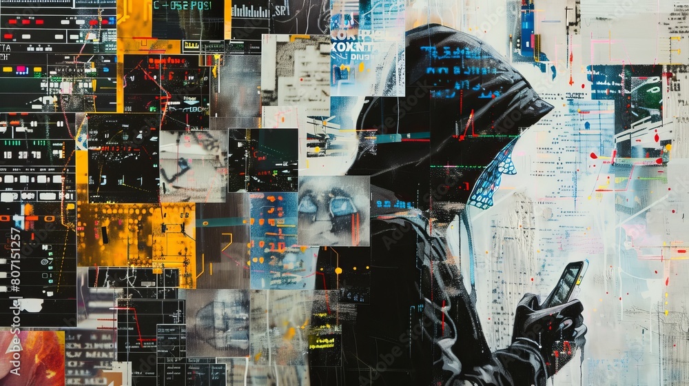 Art collage metaphor for hacking personal data on a computer and on a network. Stock ...
