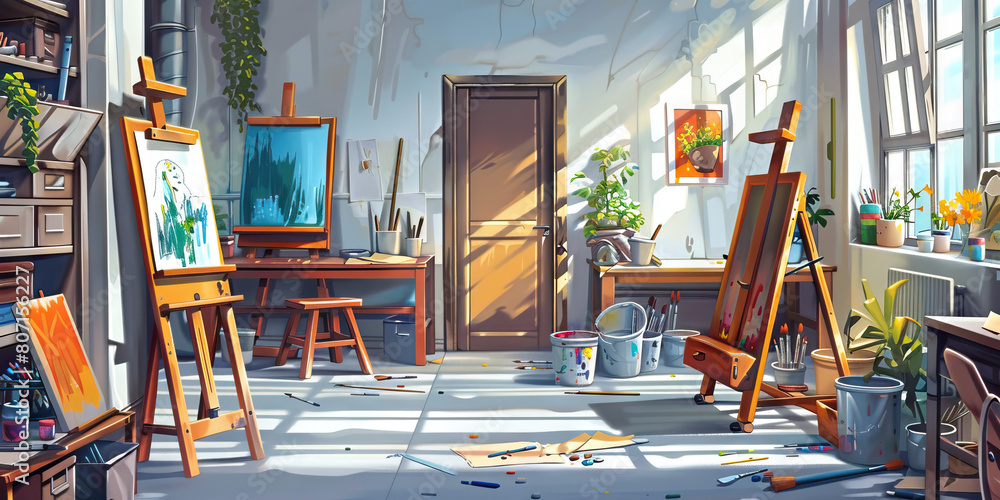 Art Room Floor: Showing art supplies, easels, drying racks, and ...