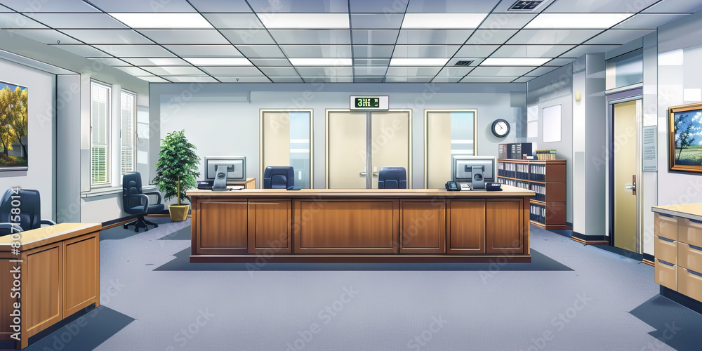 Administrative Office Floor: Showing desks, filing cabinets, reception ...