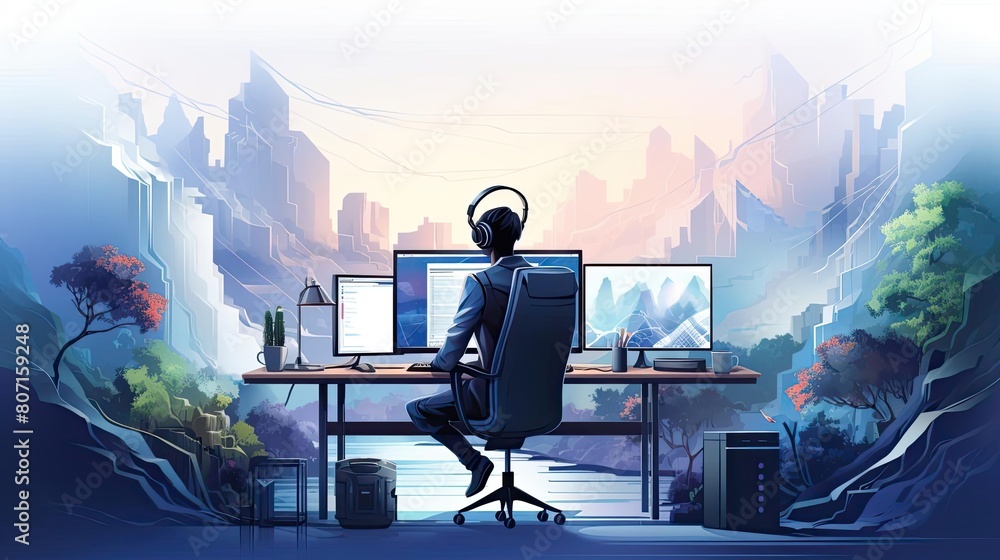 Freelancer setting up a multimonitor computer setup at home for ...