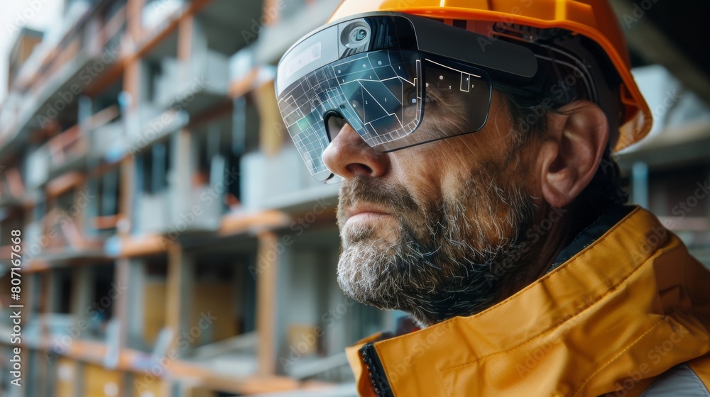 A civil engineer wearing augmented reality glasses, overlaying digital models onto existing ...
