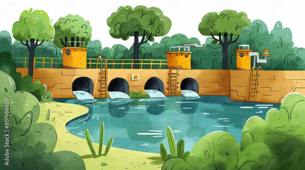 Cartoon-style illustration of an aerial view of a wastewater treatment ...
