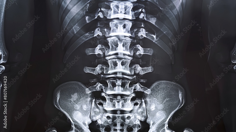 Full spinal column X-ray for human, clear visibility of vertebrae, used ...