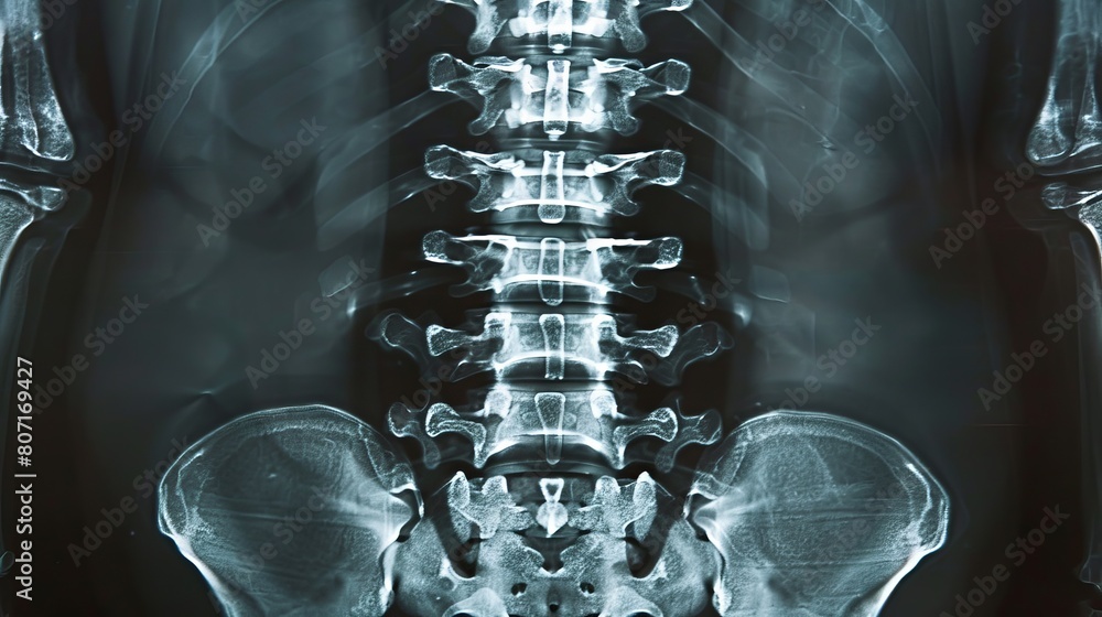 Full spinal column X-ray for human, clear visibility of vertebrae, used ...