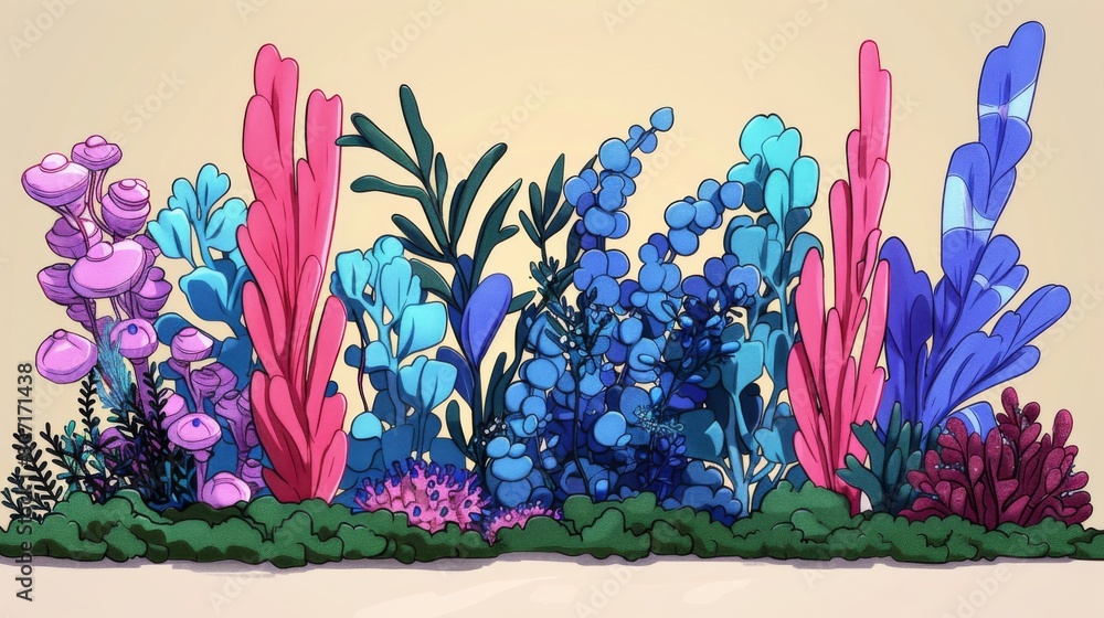 Colorful illustration of a stylized small coral reef isolated on a ...