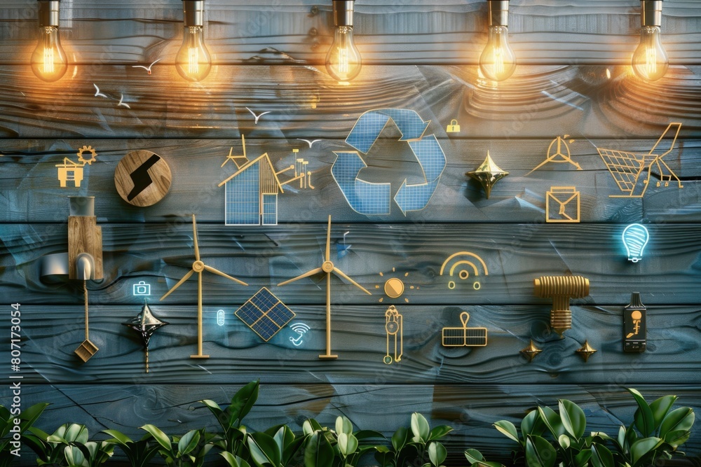 ภาพประกอบสต็อก Renewable energy display with solar panels, wind ...