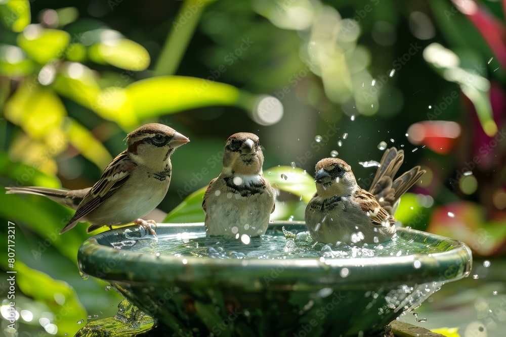 Three Double Bar Finches bathe in a green bird bath in the sun with ...