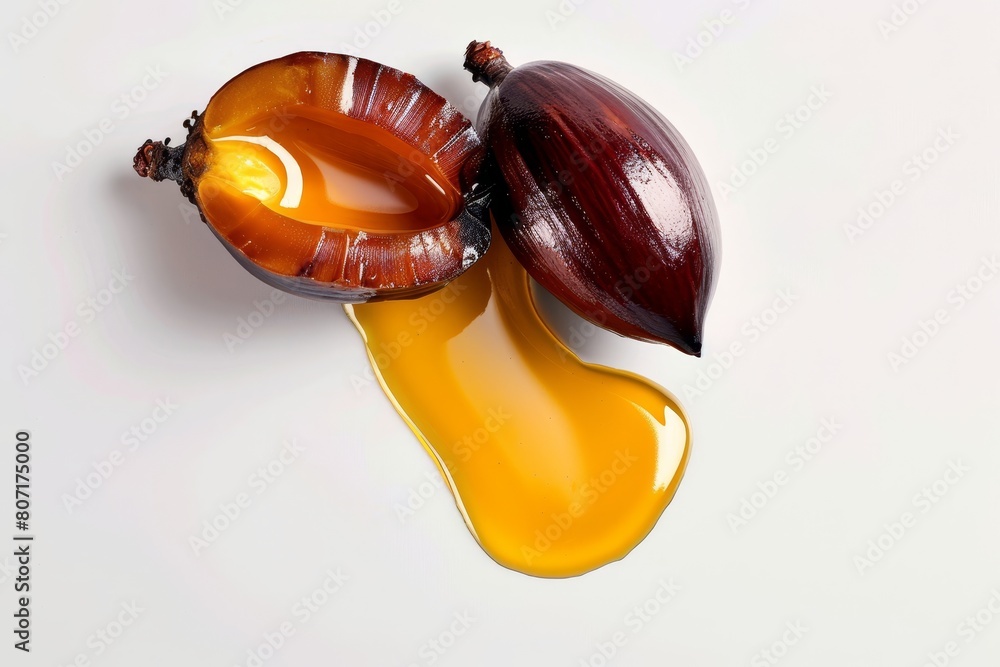 Top down image of palm oil dripping from half palm nut on white ...