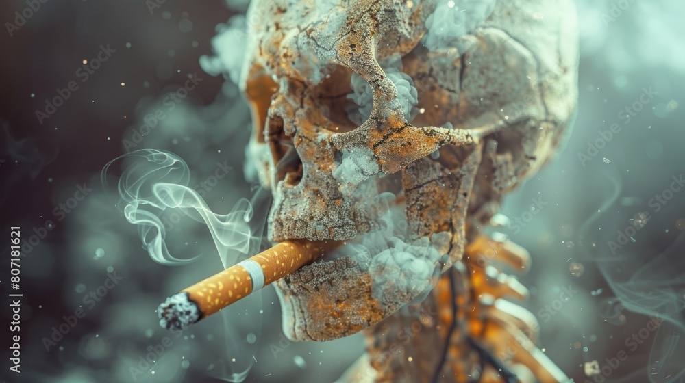 Human skeleton smoking a cigarette in the smoke. Conceptual image ...
