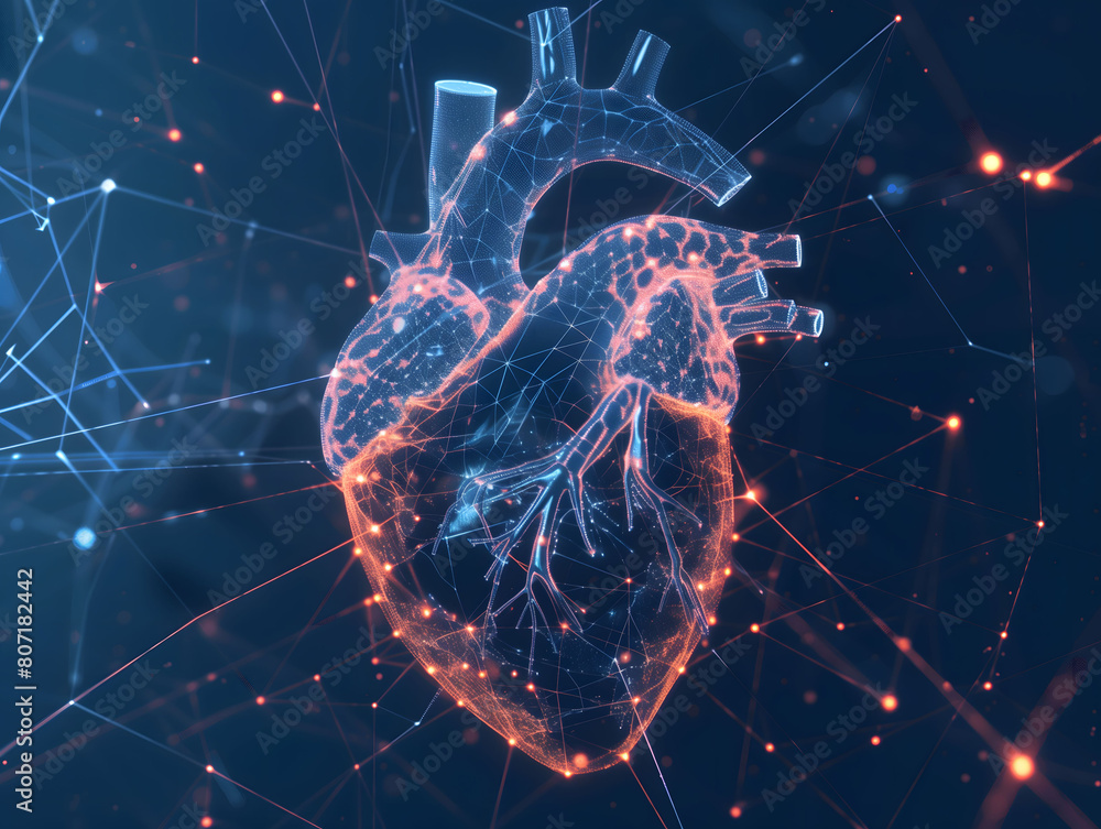 Abstract digital art of an illuminated human heart with neural network ...