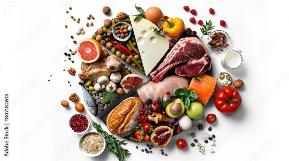 a food group pie chart alongside a pyramid diagram, illustrating the ...