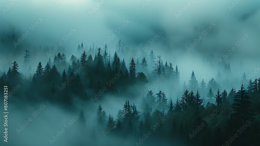 A dense fog rolling through a forest, shrouding the trees in mystery and creating an enchanting ...