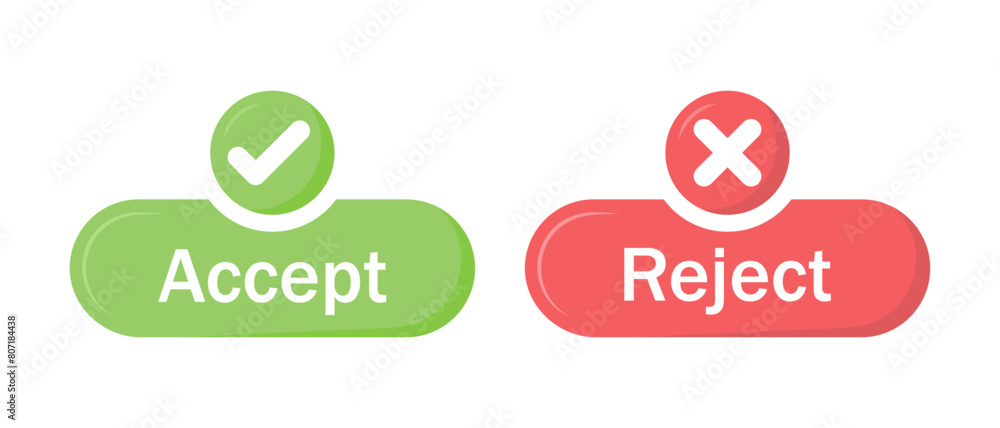 Vektorová grafika „Accept and reject button icon with tick and cross symbol in green and red ...