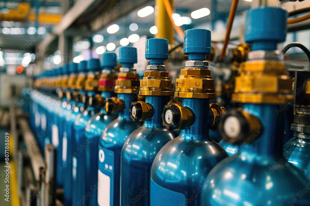 Blue oxygen tanks. Bundle of gas cylinder and high pressure gauges ...
