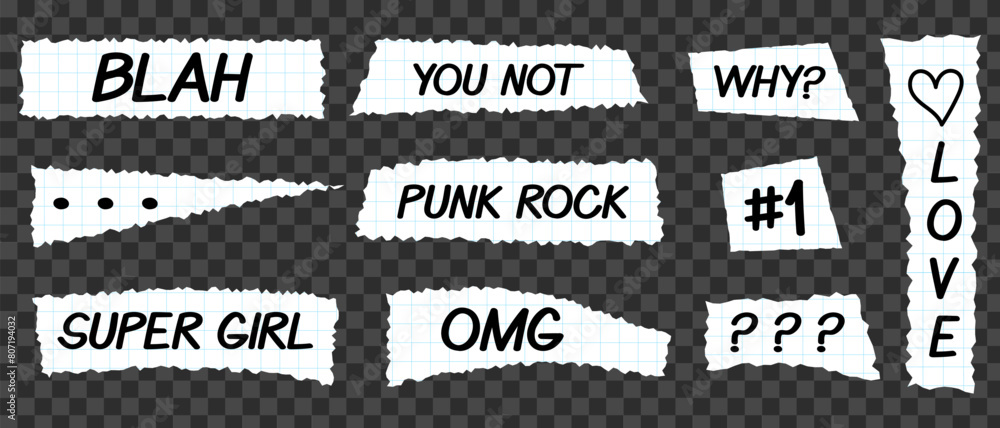 Set of torn pieces of paper with text. Trendy stickers of a torn letter ...