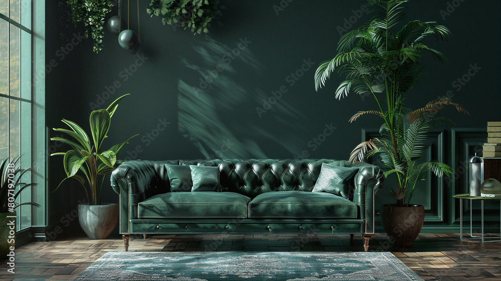 A lush green living room with a leather sofa, plants, and a patterned ...