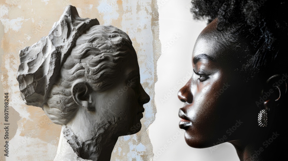 Plaster statue and African American woman in collage. Diversity and ...