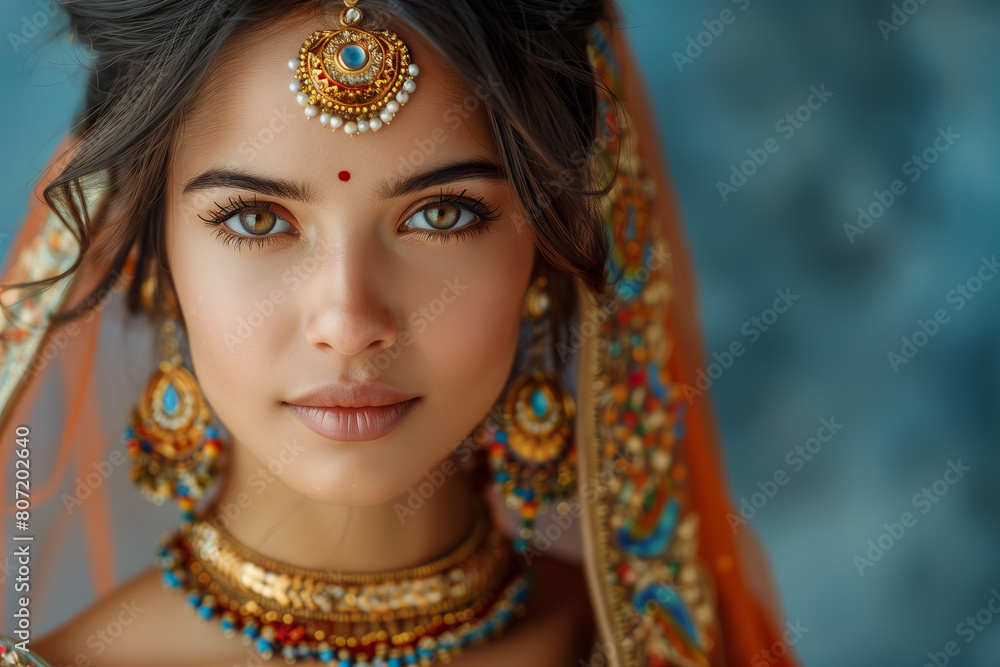 Portrait of beautiful indian girl in traditional Indian costume with ...