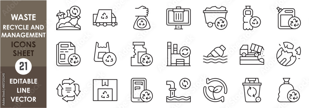 Linear icons sheet related to waste management. Waste reuse, recycle ...