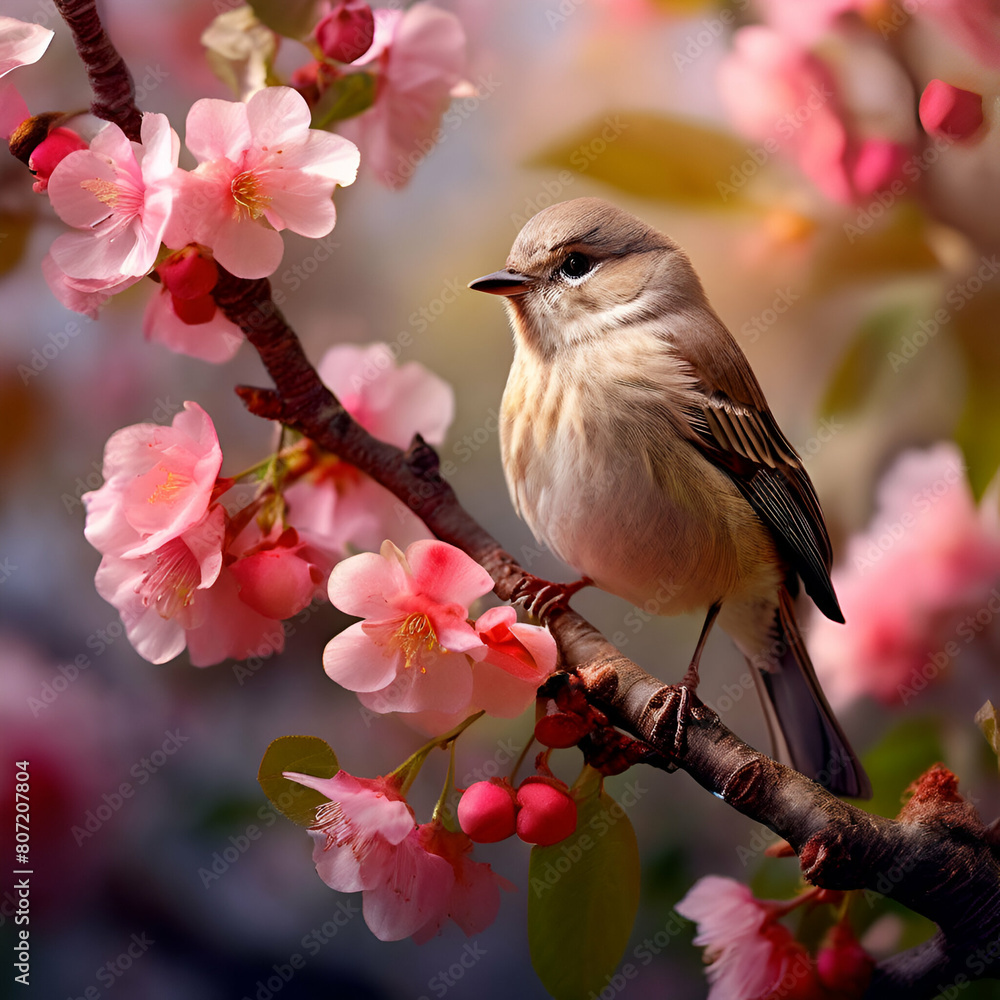 petit oiseau au printemps dans les arbres fruitiers en fleurs,Oiseau ...