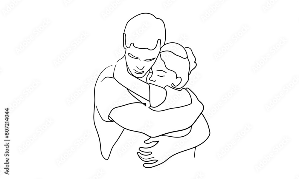 Man hugs daughter continuous line art drawing isolated on white ...