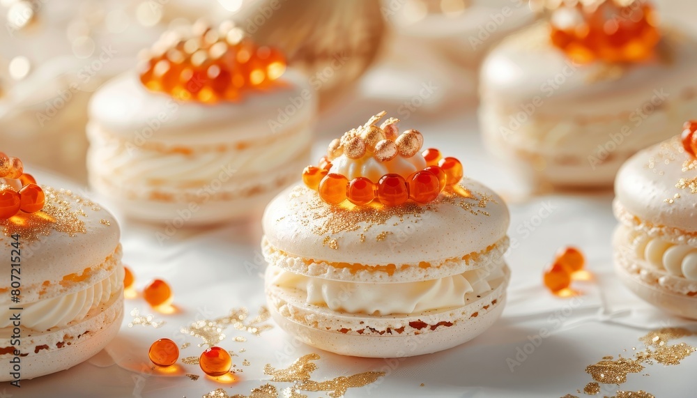 French macaron Pastry made from egg whites cream cheese red caviar and ...