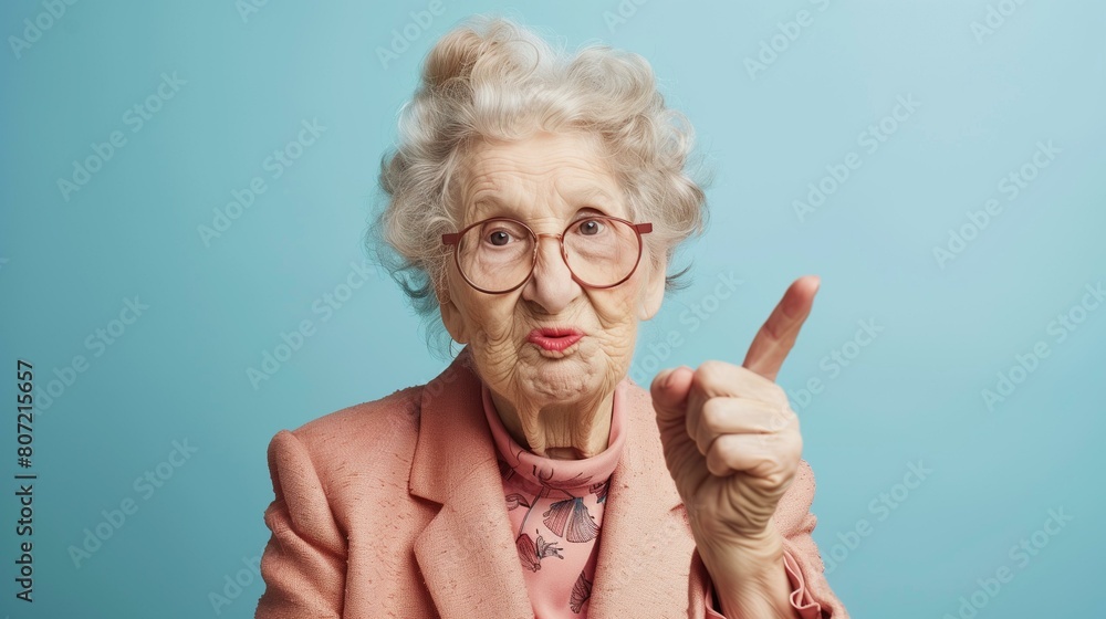 Foto de Old woman influencer culture concept, waving finger in ...