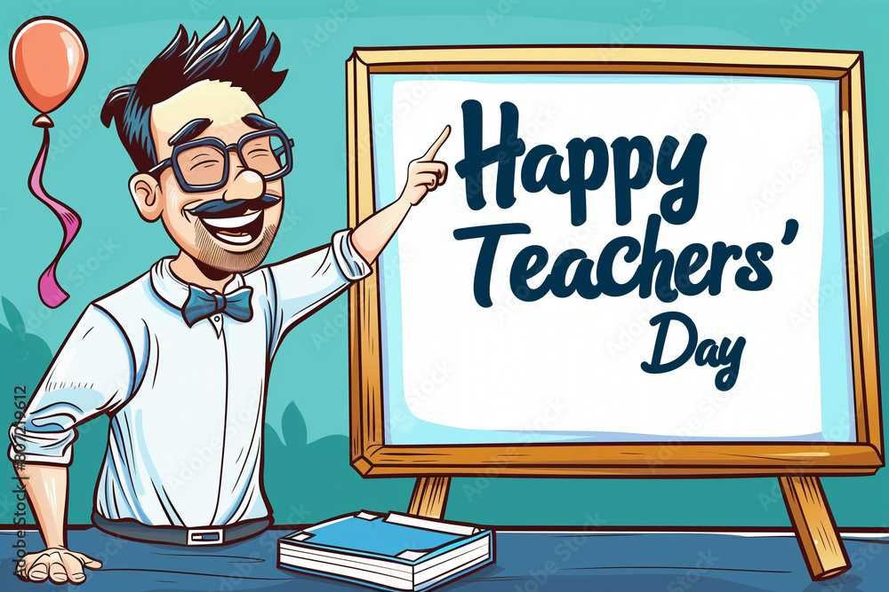Vector Illustration of Happy Teachers' Day: Teacher Pointing at ...