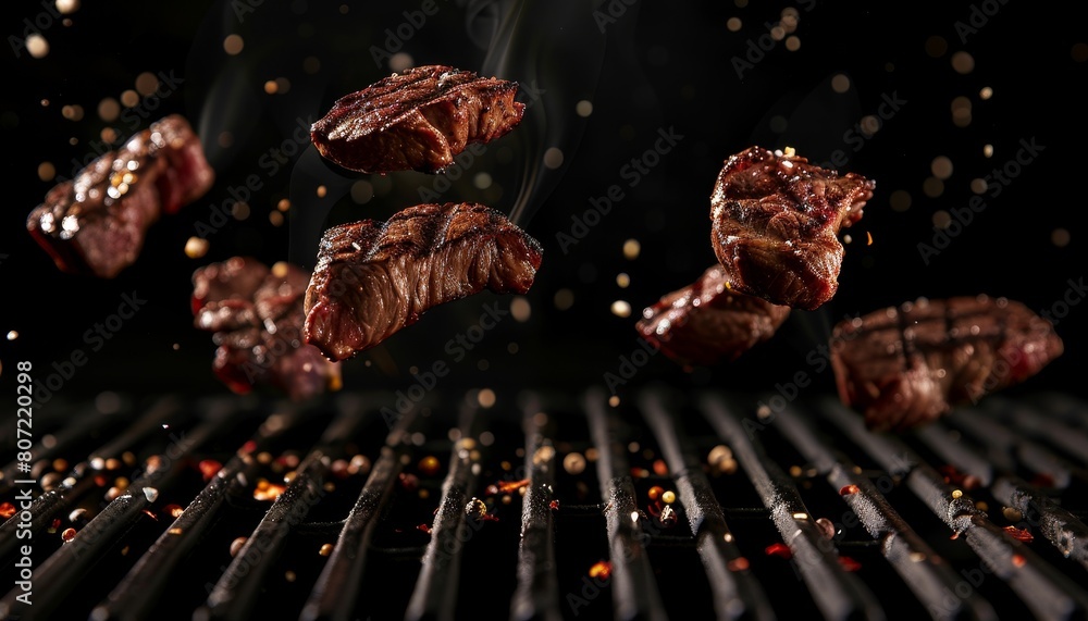 High res photo of flying beef steaks from grill grid on black ...