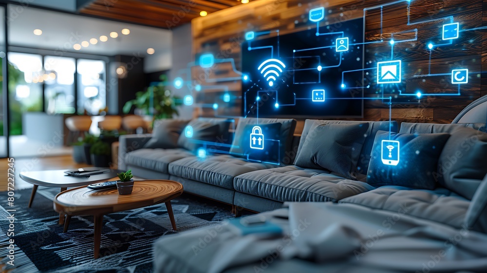 Technology Smart home with connected devices and digital icons Glowing ...