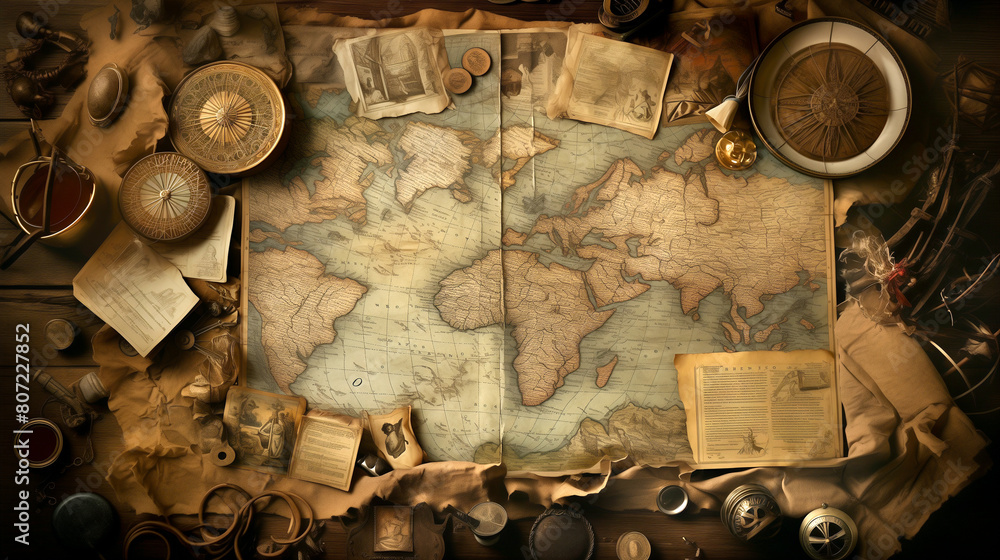 background with antique clock old compass and map retro vintage antique ...
