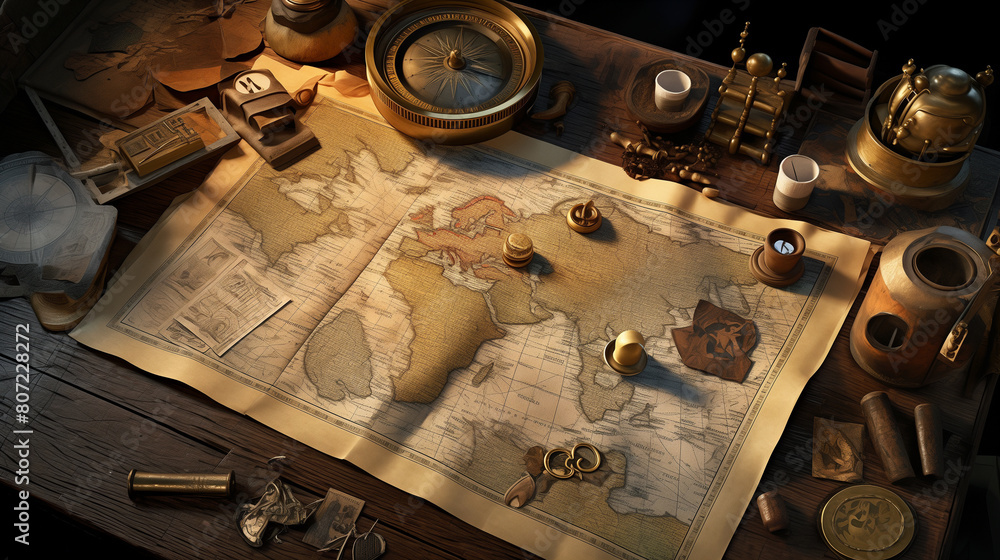 background with antique clock old compass and map retro vintage antique ...