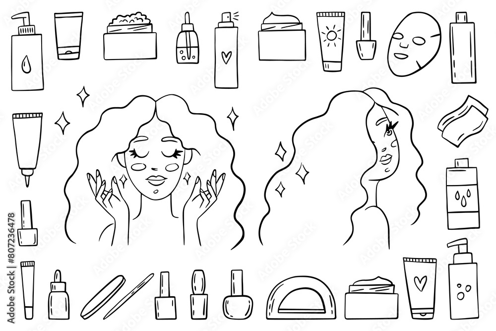 Skin care, beauty products, cosmetics icons set. Hand-drawn vector ...