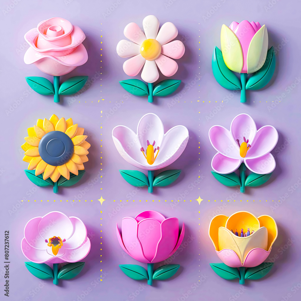 A collection of nine vibrant and detailed 3D flowers, each with its ...