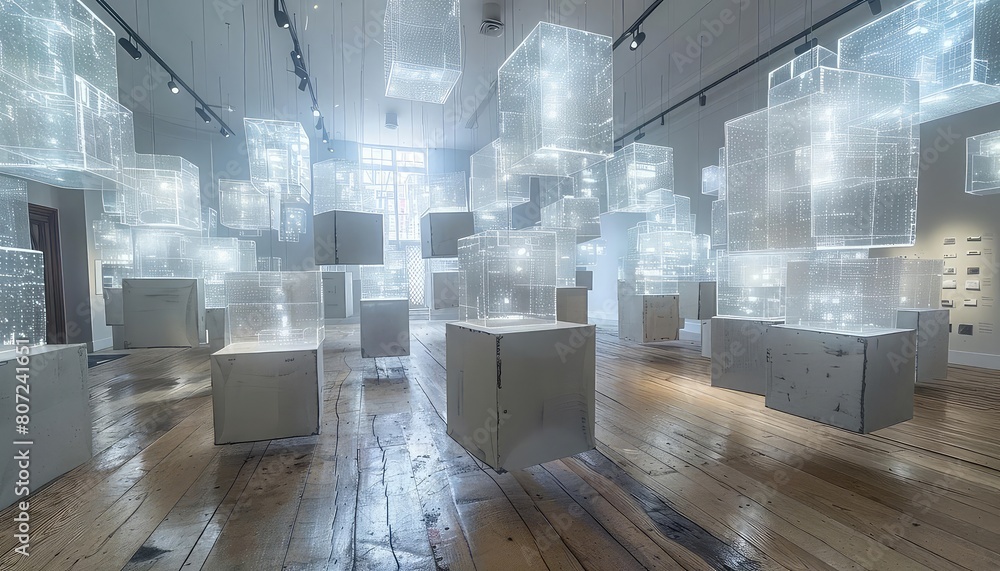 Create a digital art piece featuring an array of floating, semi ...