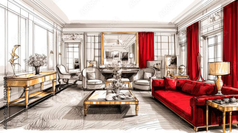 MLuxurious Room with Golden Furnishings and Red funiture, Enhanced by ...