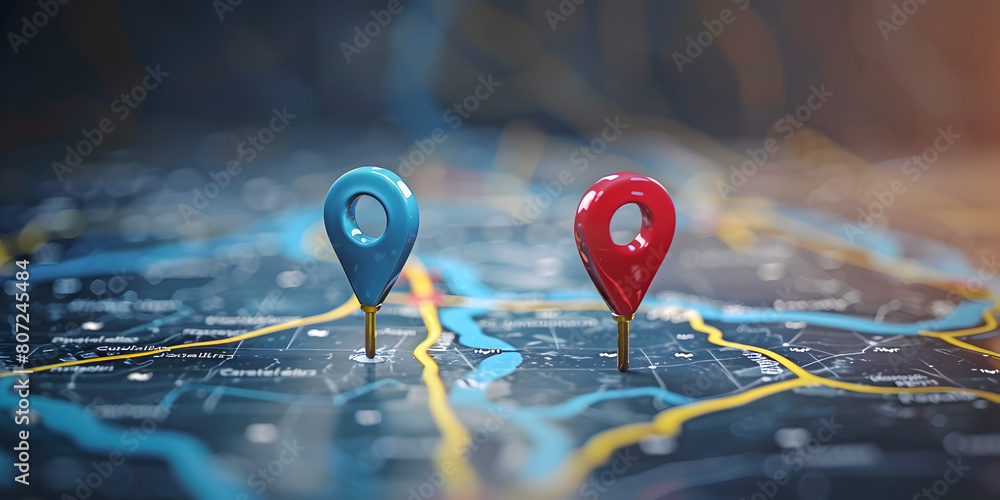 A glowing red map pointer icon hovers over a dark blue digital map ...