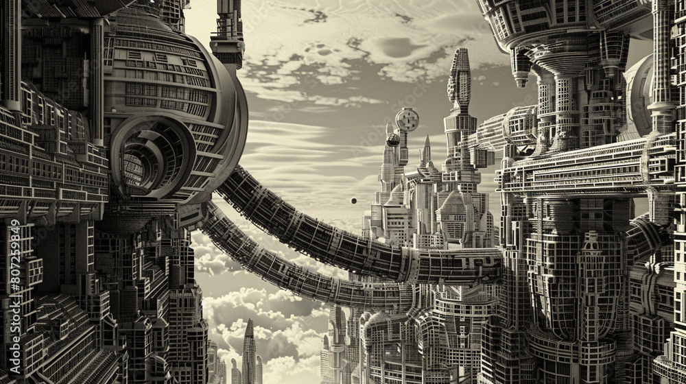 An urban centre where skyscrapers reach the sky, their shapes bending ...