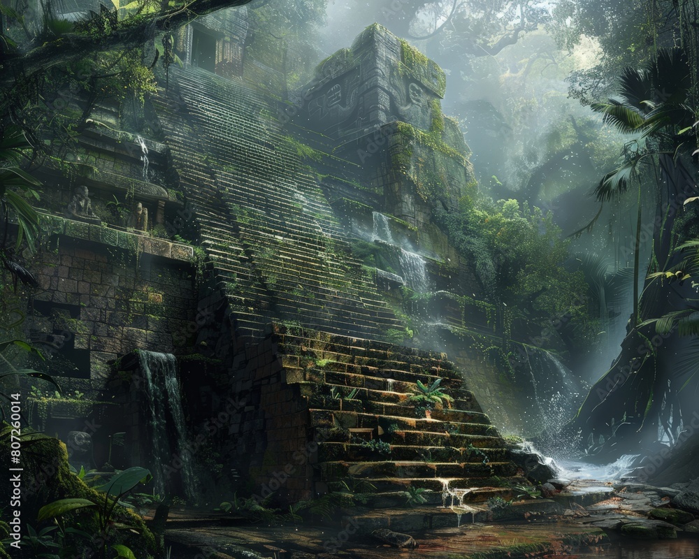 An ancient temple hidden deep within a lush jungle, featuring weathered stone steps leading up ...