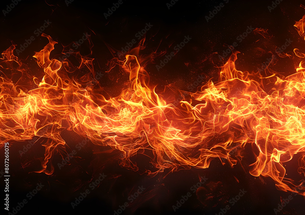 Red flames of fire on a black background, intense heat, dynamic energy ...